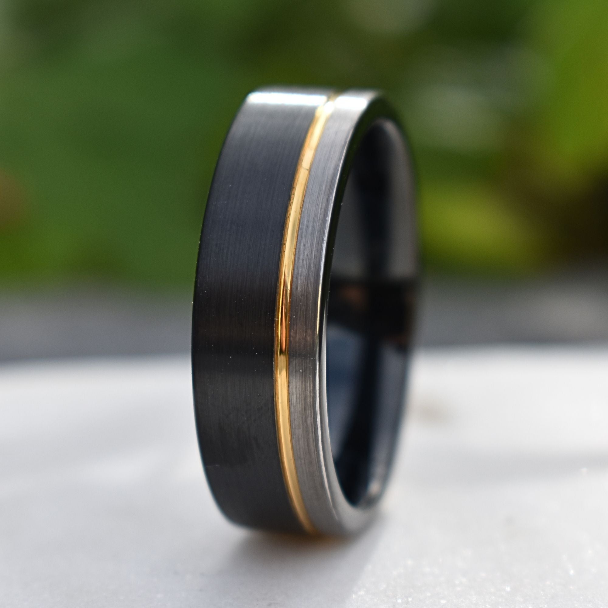 Tungsten 8mm Ring Black and Silver Brushed with Gold Accent – Tungsten ...