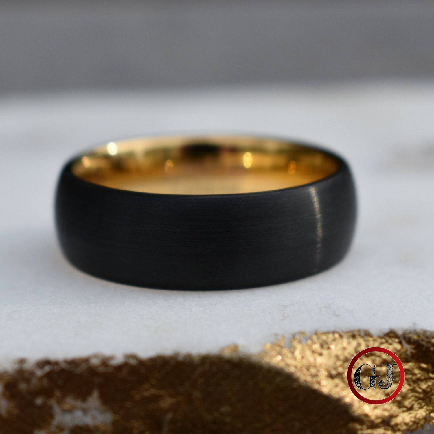 Black Brushed 8mm Tungsten Ring with Gold Inner Band – Tungsten Titans