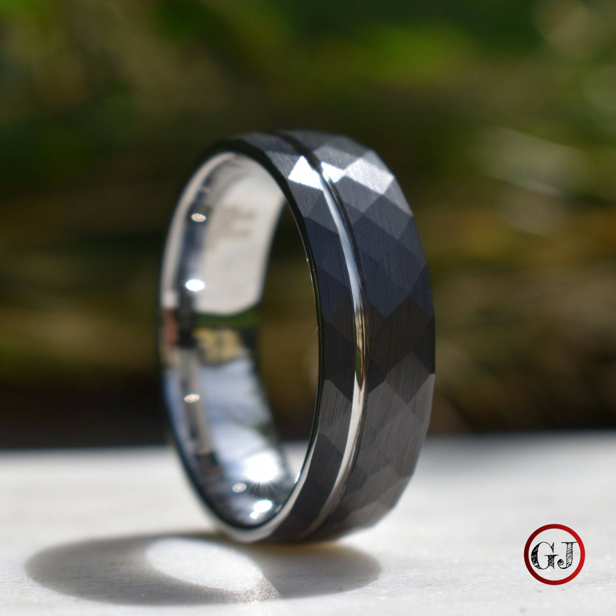 Hammered 8mm Black Tungsten Ring with Silver Accent – Tungsten Titans