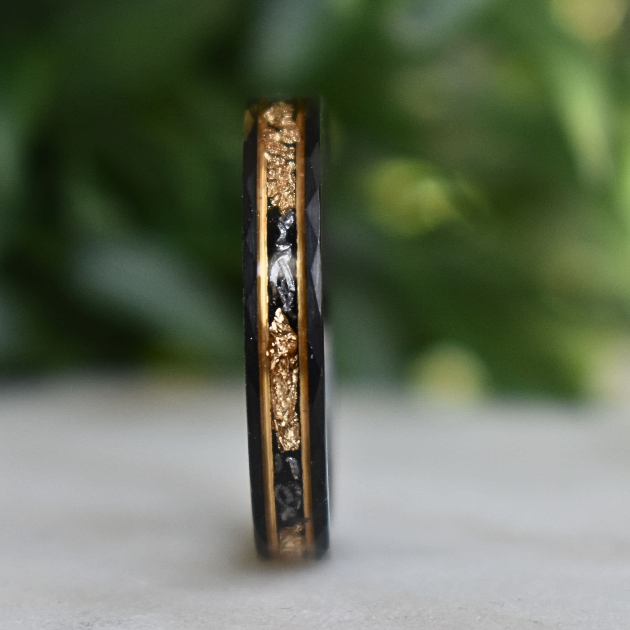 Hammered 4mm Black Tungsten Ring with 22K Gold Leaf and Meteorite Inla ...